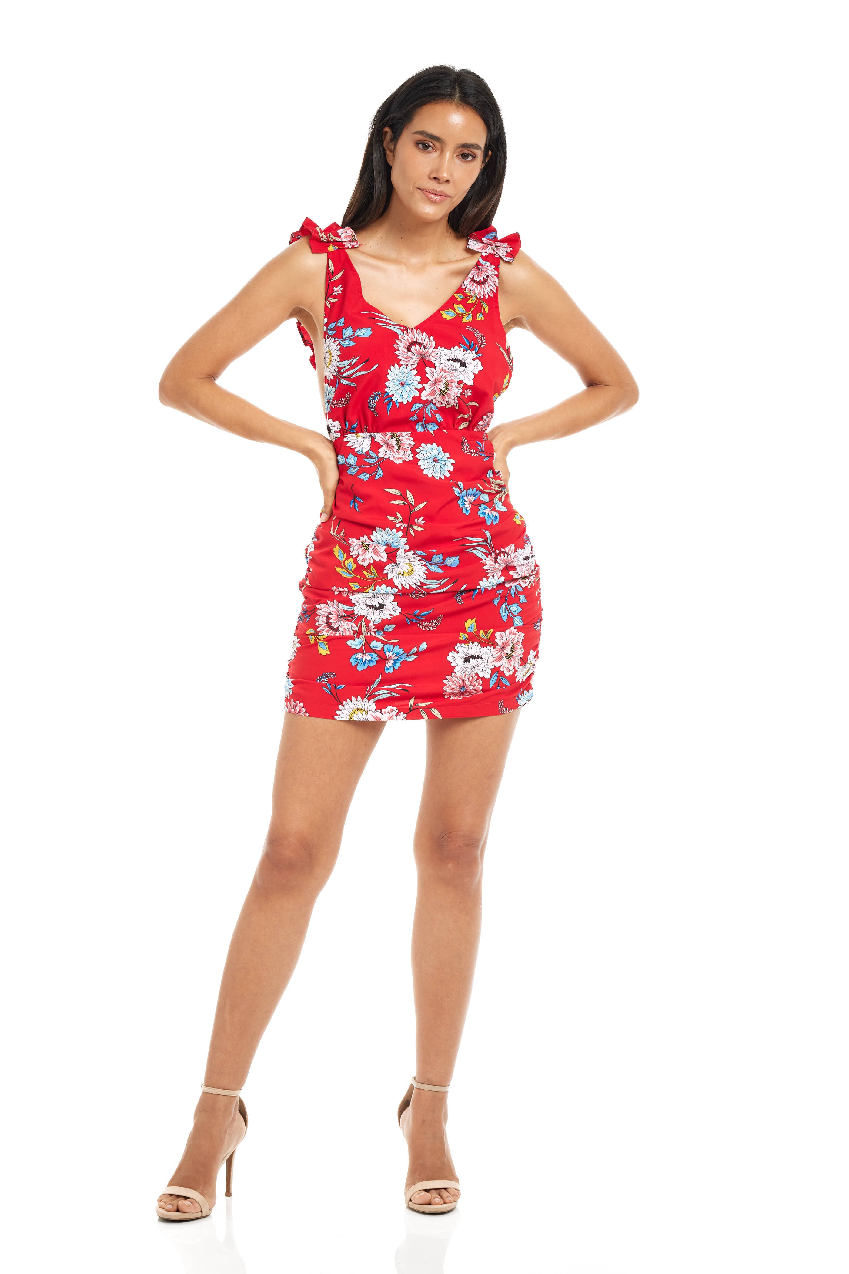 Red backless mini dress with ruched detail| guavaberry